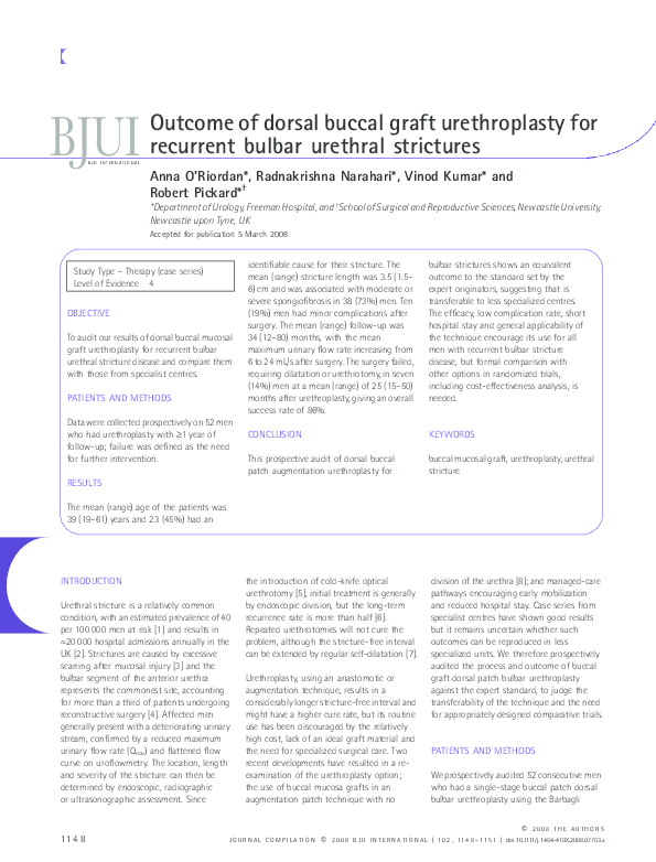 (PDF) Outcome of dorsal buccal graft urethroplasty for recurrent bulbar ...
