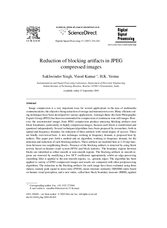 Pdf Reduction Of Blocking Artifacts In Jpeg Compressed Images
