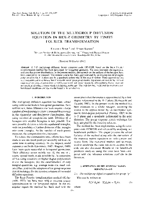 (PDF) Solution of the multigroup diffusion equation in hex-z geometry by finite Fourier ...