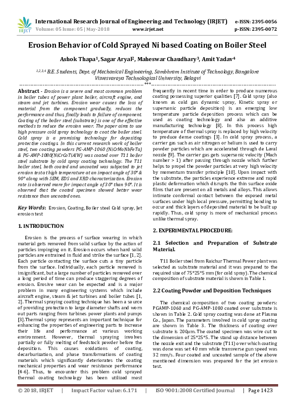 (PDF) IRJET- Erosion Behavior of Cold Sprayed Ni based Coating on Boiler Steel