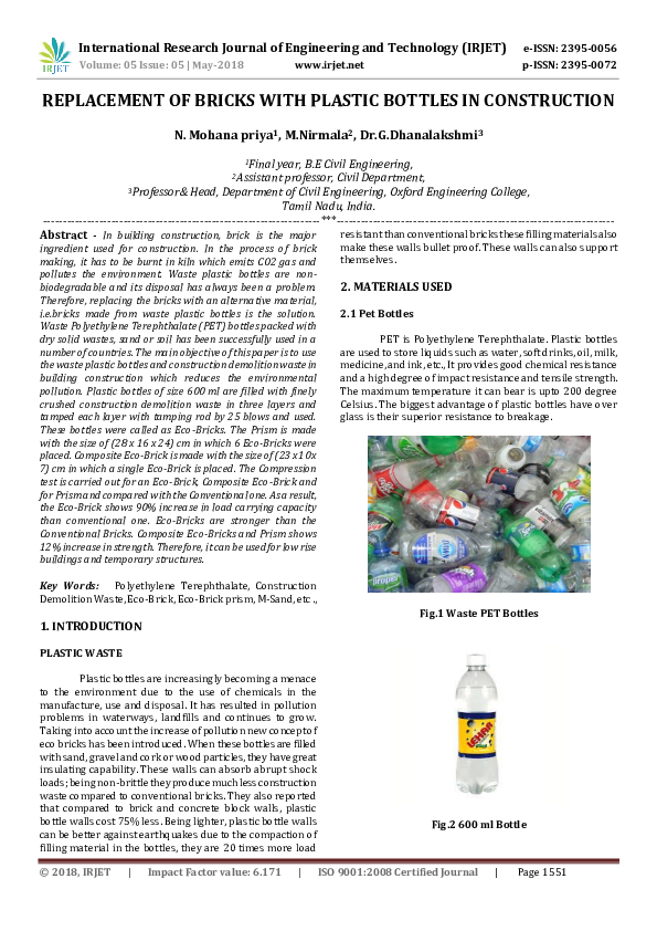 (PDF) REPLACEMENT OF BRICKS WITH PLASTIC BOTTLES IN CONSTRUCTION