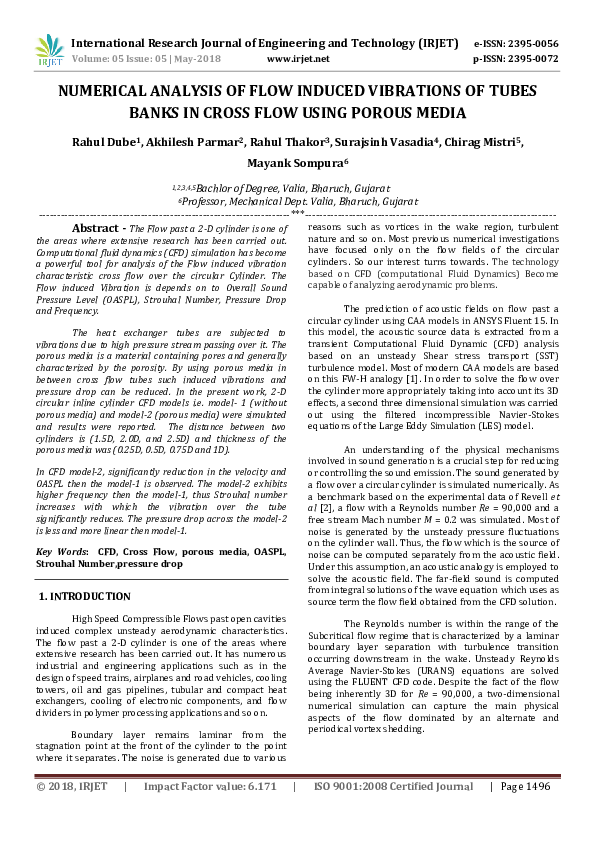 (PDF) NUMERICAL ANALYSIS OF FLOW INDUCED VIBRATIONS OF TUBES BANKS IN CROSS FLOW USING POROUS ...