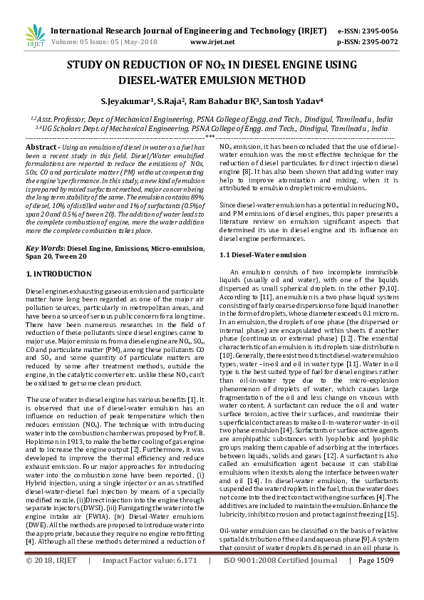 (PDF) STUDY ON REDUCTION OF NOX IN DIESEL ENGINE USING DIESEL-WATER ...