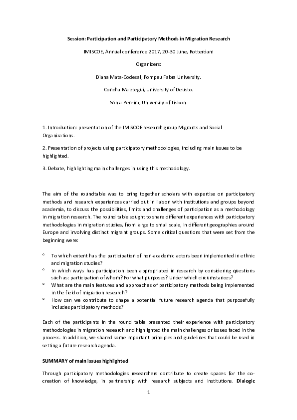 (PDF) Summary Session on Participatory Methods IMISCOE 2017 | Diana ...