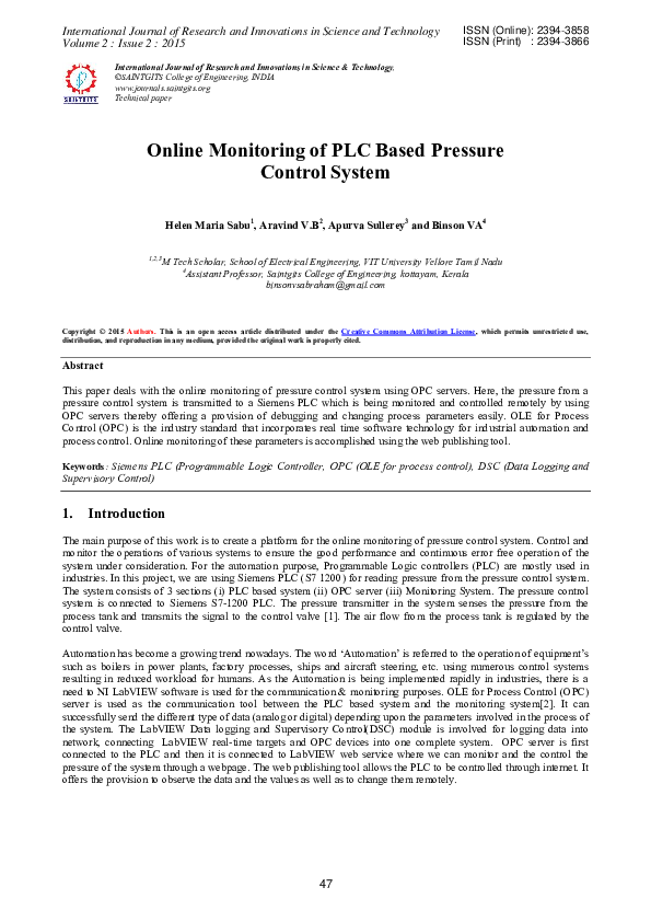 (PDF) Online Monitoring of PLC Based Pressure Control System