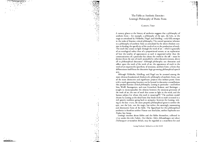 (PDF) Lessing's Philosophy of Poetic Form / The Fable as Aesthetic Exercise