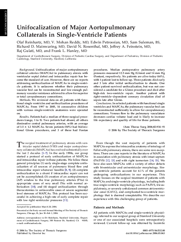 (PDF) Unifocalization of Major Aortopulmonary Collaterals in Single ...