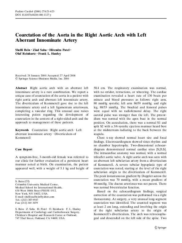 (PDF) Coarctation of the Aorta in the Right Aortic Arch with Left ...