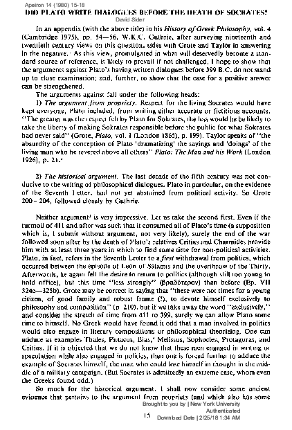 (PDF) DID PLATO WRITE DIALOGUES BEFORE THE DEATH OF SOCRATES