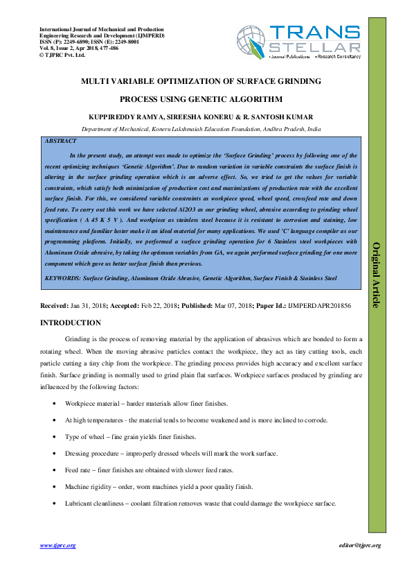 Pdf Multi Variable Optimization Of Surface Grinding Process Using