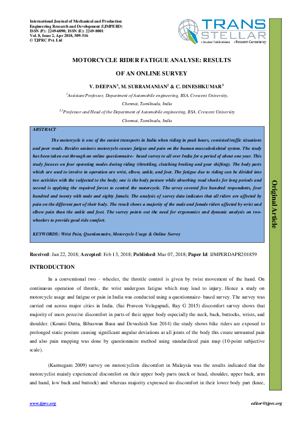 (PDF) MOTORCYCLE RIDER FATIGUE ANALYSE: RESULTS OF AN ONLINE SURVEY