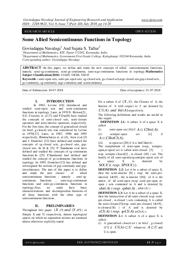 (PDF) Some Allied Semicontinuous Functions in Topology