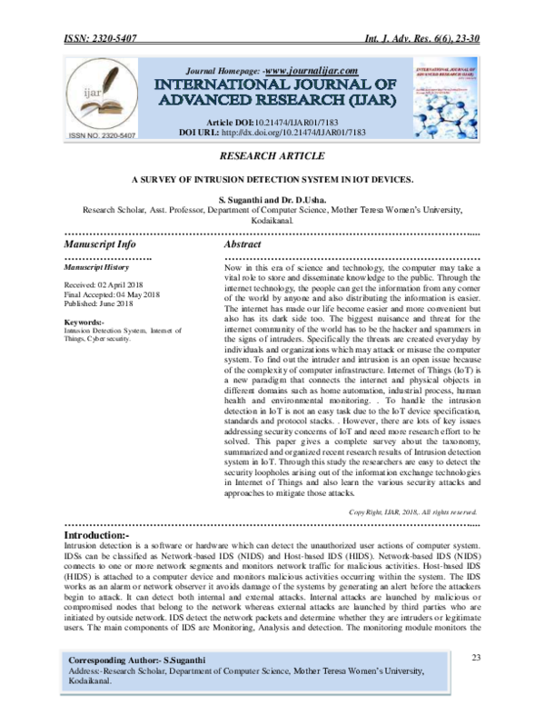 Pdf A Survey Of Intrusion Detection System In Iot Devices Ijar