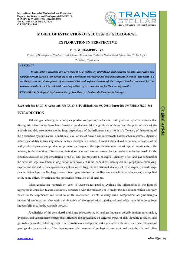 (PDF) MODEL OF ESTIMATION OF SUCCESS OF GEOLOGICAL EXPLORATION IN ...