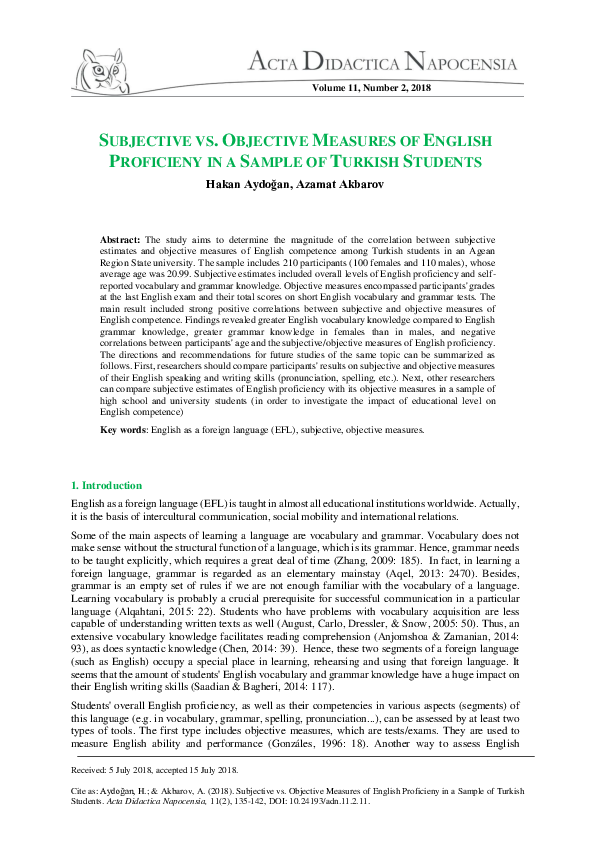 (PDF) Subjective vs. Objective English Proficiency