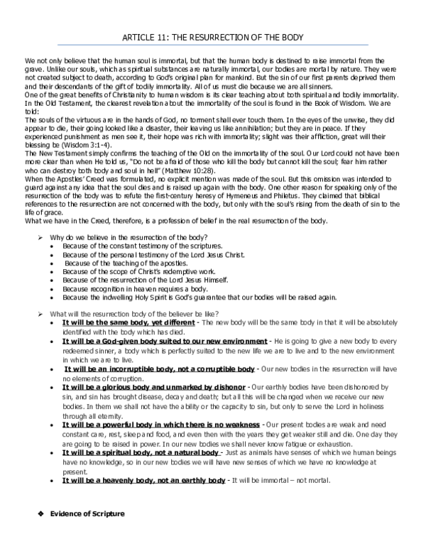 (DOC) ARTICLE 11: THE RESURRECTION OF THE BODY