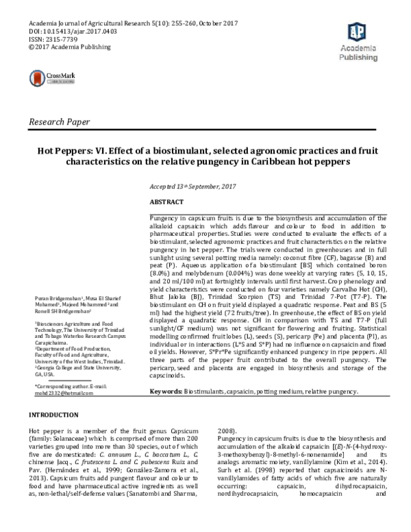 (PDF) Hot Peppers: VI. Effect of a biostimulant, selected agronomic ...