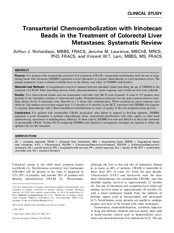(PDF) Transarterial chemoembolization with irinotecan beads in the treatment of colorectal liver ...