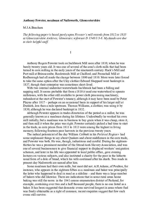 (DOC) Anthony Fewster, mealman of Nailsworth, Gloucestershire | Michael ...