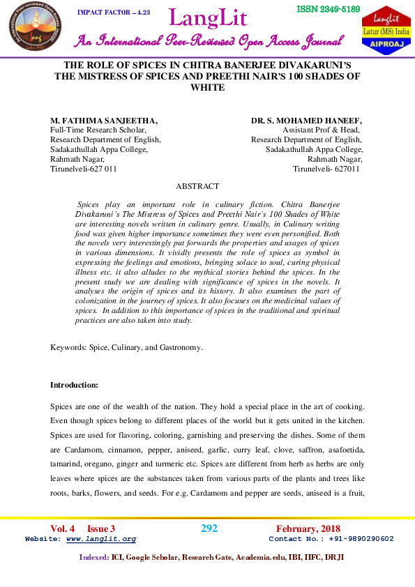 (PDF) THE ROLE OF SPICES IN CHITRA BANERJEE DIVAKARUNI'S THE MISTRESS ...