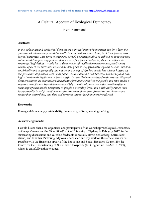 (PDF) A Cultural Account of Ecological Democracy | Marit Hammond (née ...