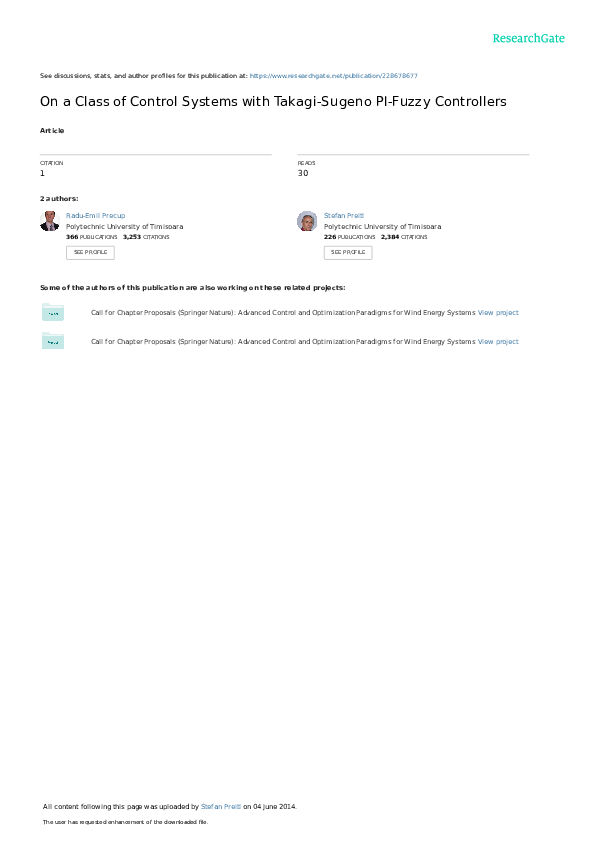 Pdf On A Class Of Control Systems With Takagi Sugeno Pi Fuzzy Controllers