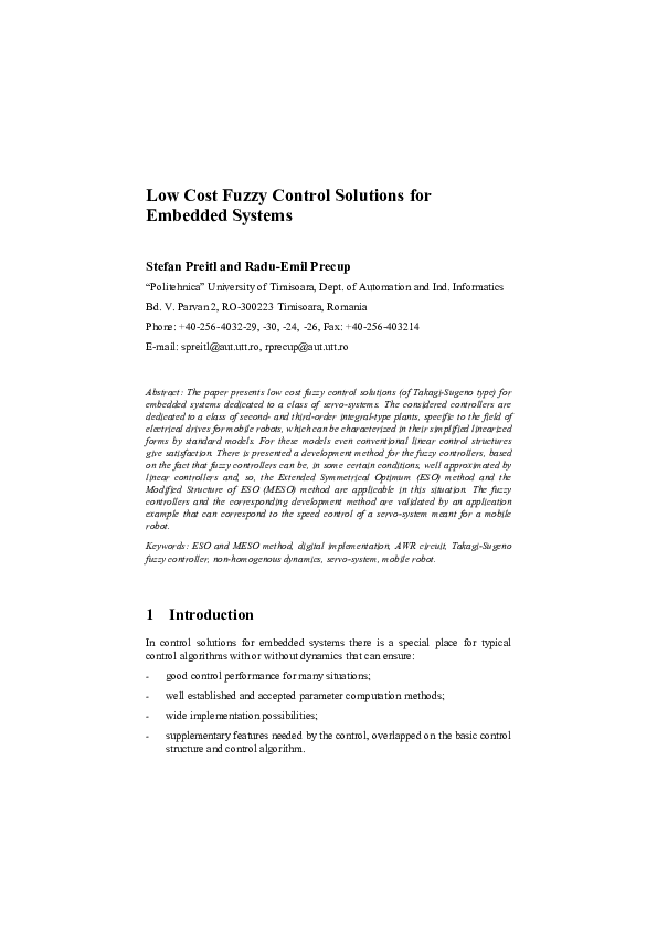 (PDF) Low Cost Fuzzy Control Solutions for Embedded Systems