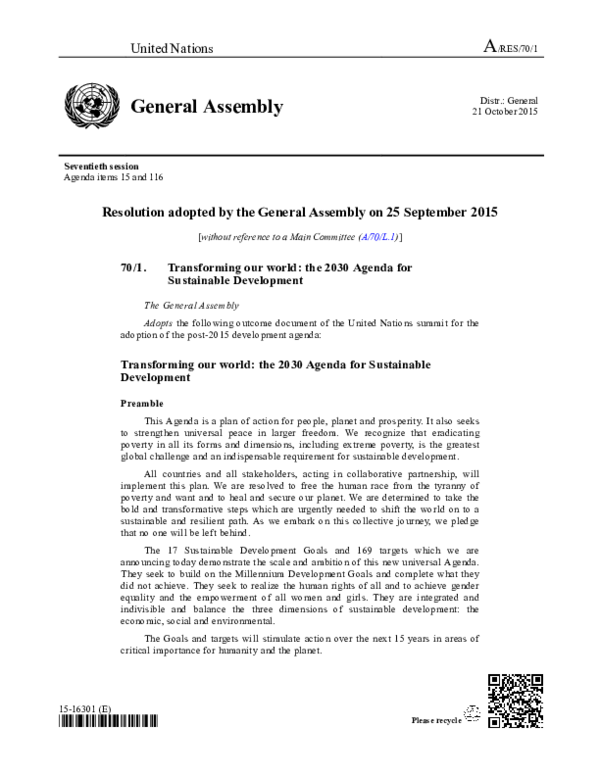 (PDF) Transforming our world: the 2030 Agenda for Sustainable Development