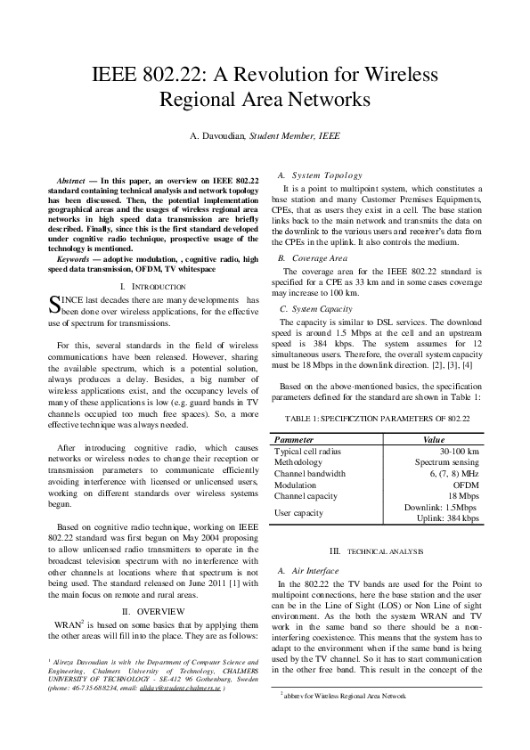 (PDF) IEEE 802.22: A Revolution for Wireless Regional Area Networks