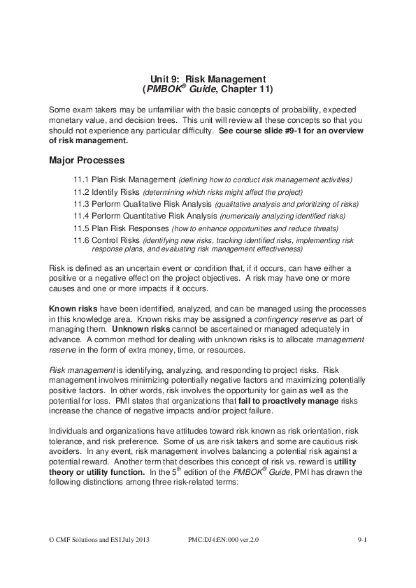 (PDF) Unit 9: Risk Management (PMBOK ® Guide, Chapter 11