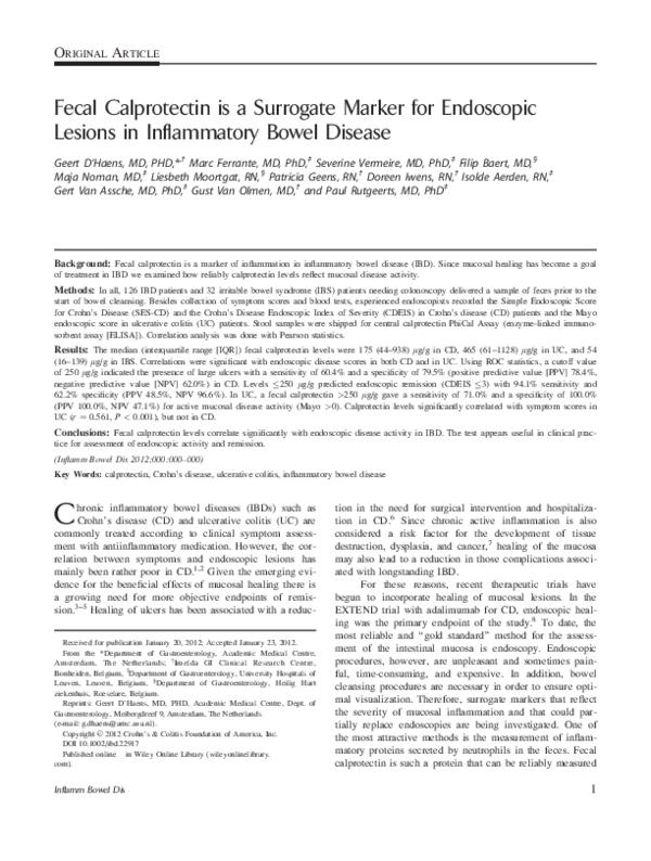 (PDF) Fecal calprotectin is a surrogate marker for endoscopic lesions in inflammatory bowel disease