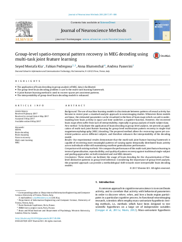 Pdf Group Level Spatio Temporal Pattern Recovery In Meg Decoding Using Multi Task Joint