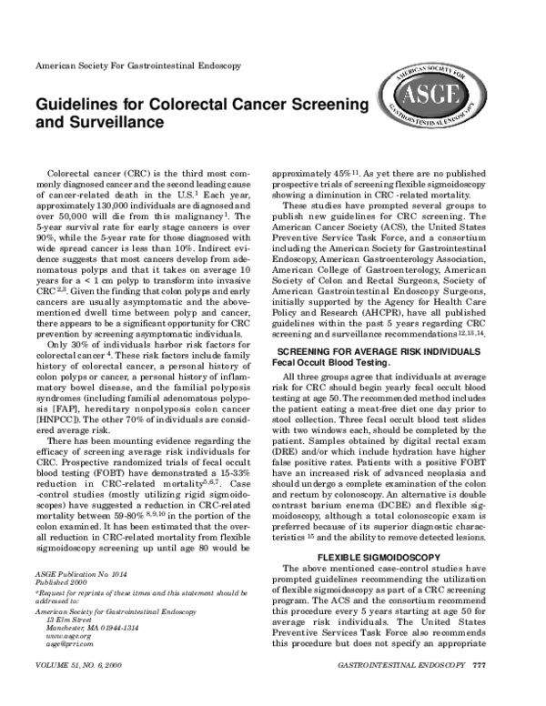 (PDF) Guidelines for colorectal cancer screening and surveillance