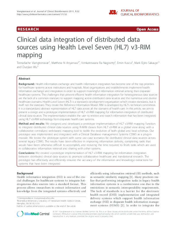 Pdf Clinical Data Integration Of Distributed Data Sources Using Health Level Seven Hl7 V3 3288