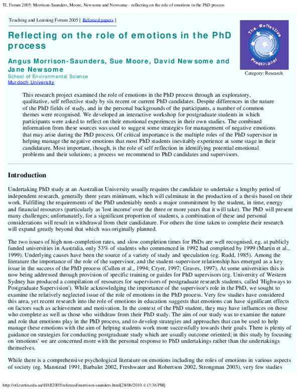 (PDF) Reflecting on the Role of Emotions In the PhD Process