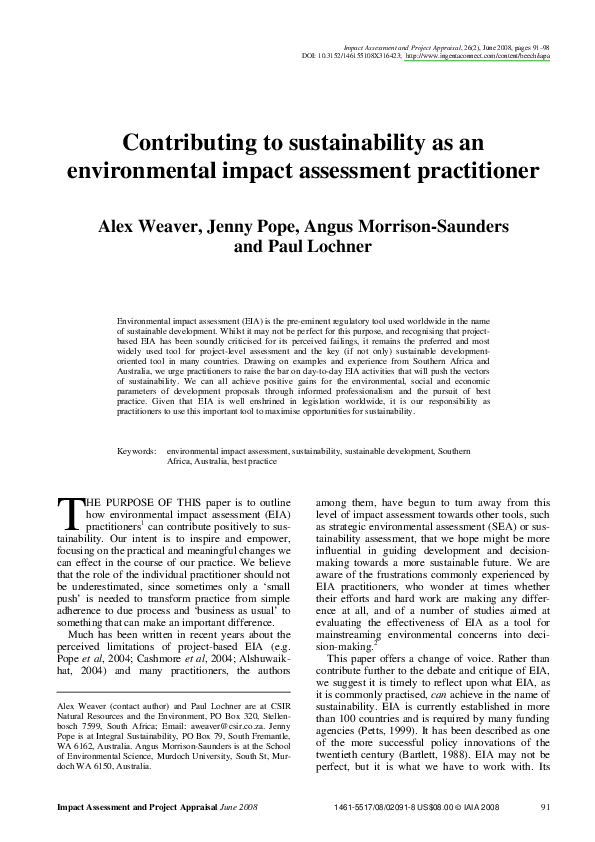 (PDF) Contributing to sustainability as an environmental impact ...