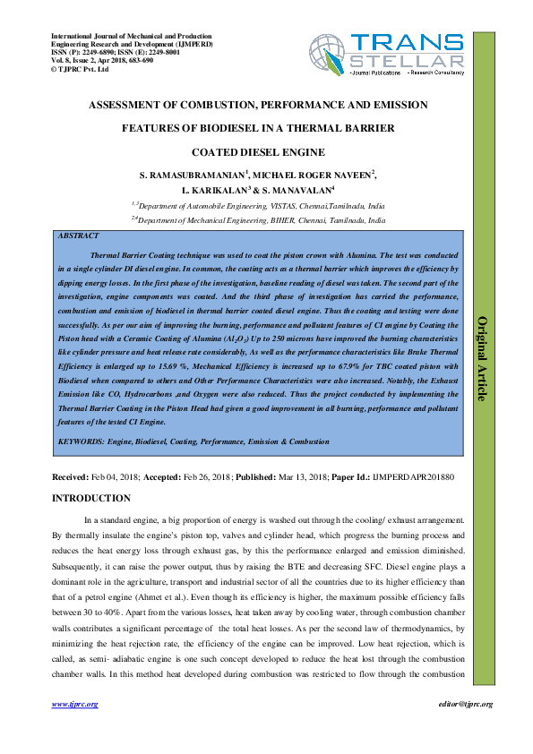 Pdf Assessment Of Combustion Performance And Emission Features Of Biodiesel In A Thermal