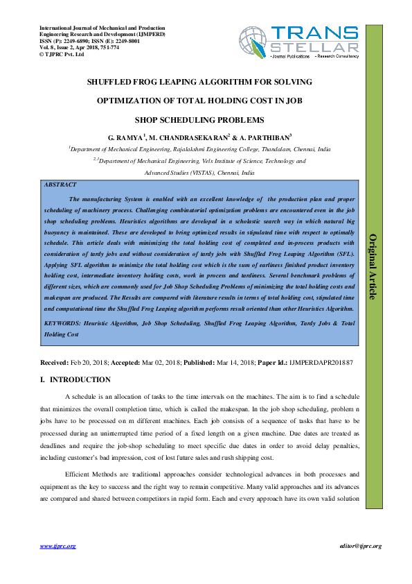 Pdf Shuffled Frog Leaping Algorithm For Solving Optimization Of Total Holding Cost In Job Shop 2362