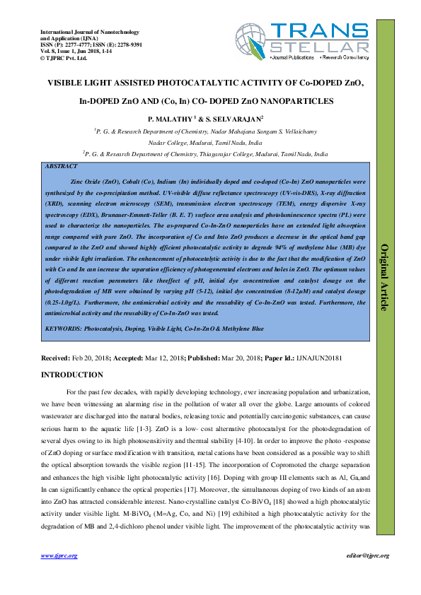 (PDF) VISIBLE LIGHT ASSISTED PHOTOCATALYTIC ACTIVITY OF Co-DOPED ZnO ...