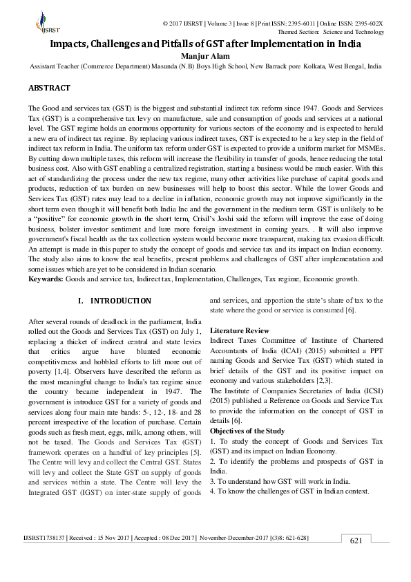 (PDF) Impacts, Challenges and Pitfalls of GST after Implementation in India