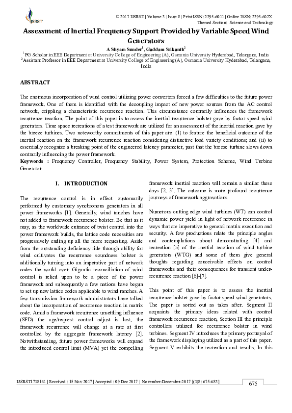 Pdf Assessment Of Inertial Frequency Support Provided By Variable Speed Wind Generators