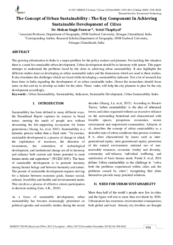 (PDF) The Concept of Urban Sustainability : The Key Component In ...