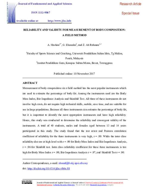 (PDF) RELIABILITY AND VALIDITY FOR MEASUREMENT OF BODY COMPOSITION: A ...