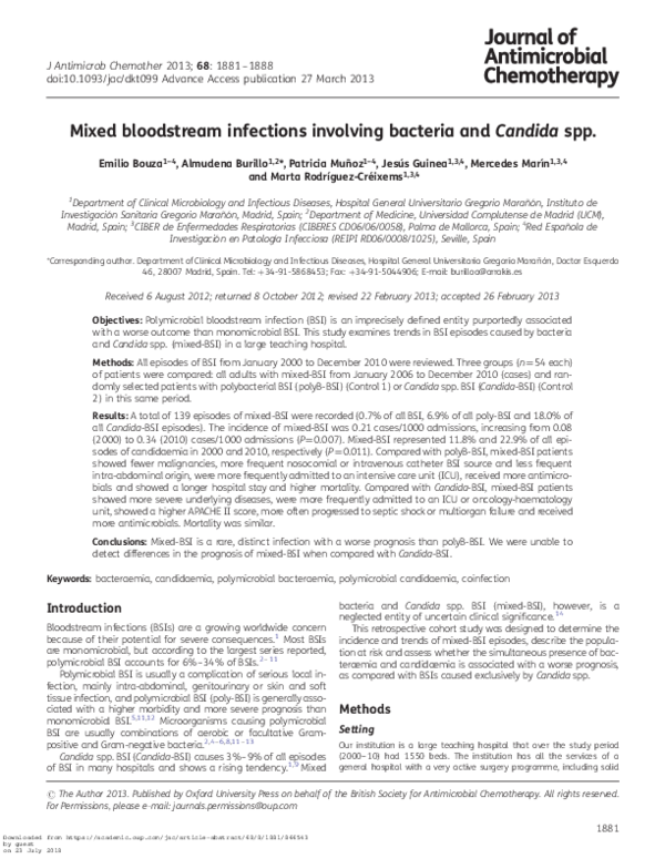 (PDF) Mixed bloodstream infections involving bacteria and Candida spp