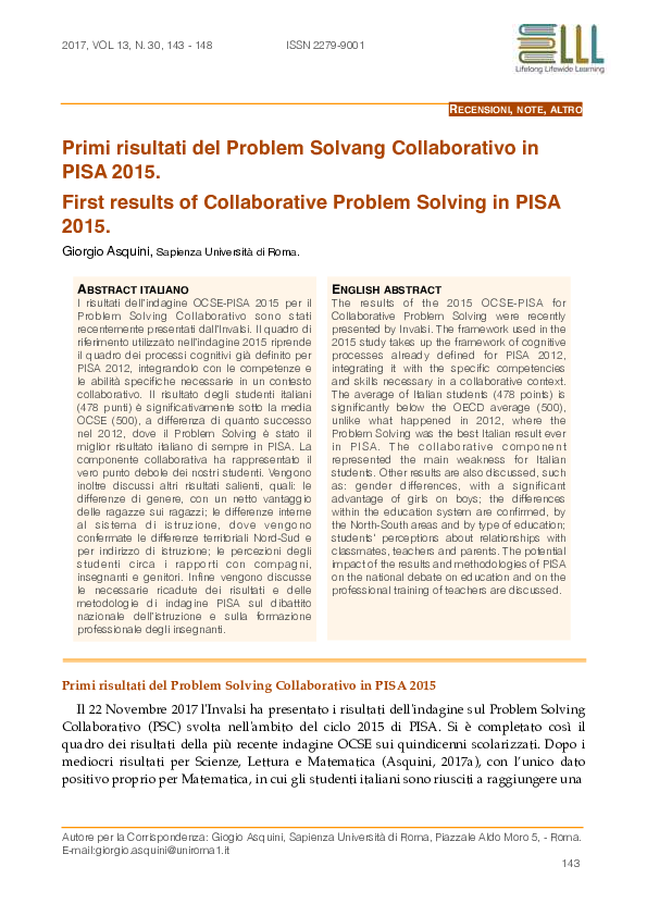 (PDF) Primi risultati del Problem Solving Collaborativo in PISA 2015. First results of ...