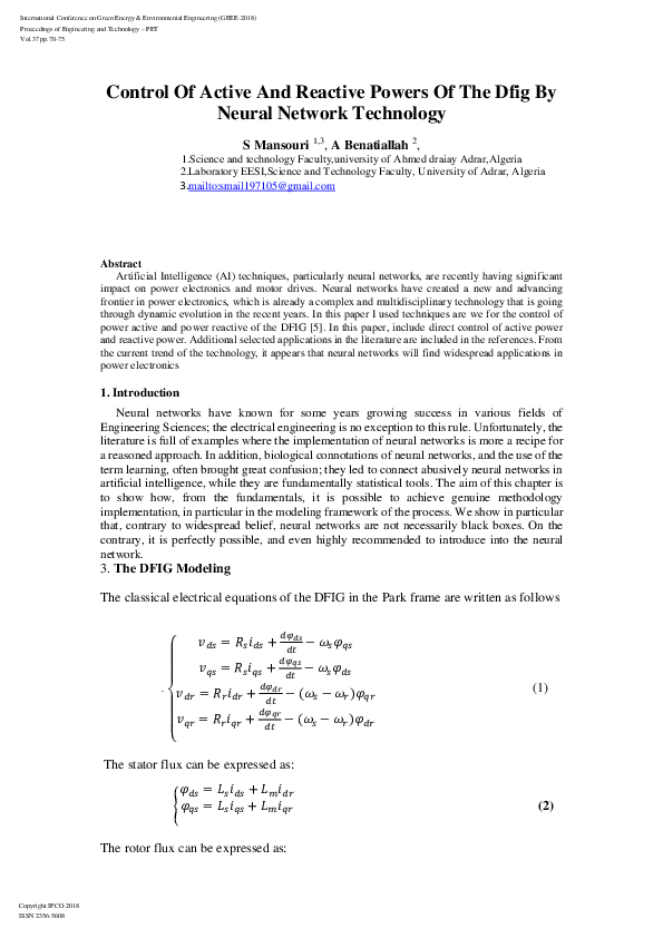 (PDF) Control Of Active And Reactive Powers Of The Dfig By Neural Network Technology