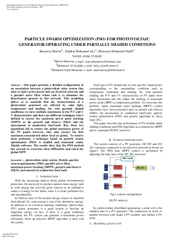 Particle Swarm Optimization Pso For Photovoltaic Generator Operating Under Partially Shaded