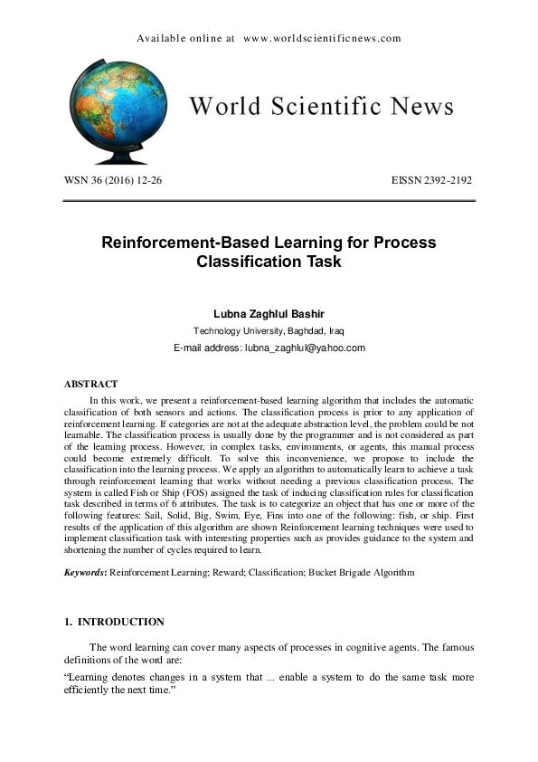 Pdf Reinforcement Based Learning For Process Classification Task
