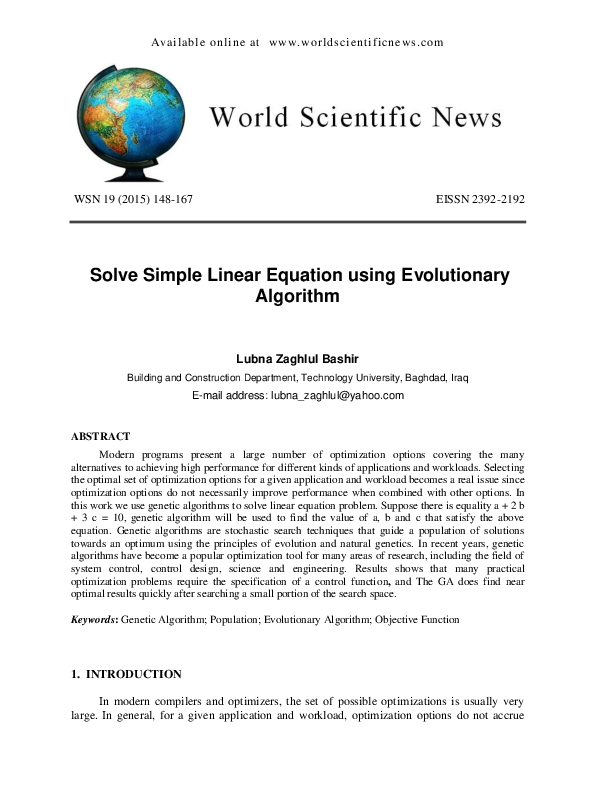 (PDF) Solve Simple Linear Equation using Evolutionary Algorithm