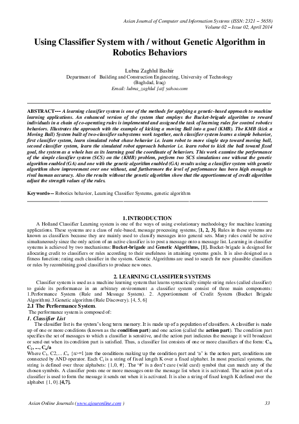 Pdf Using Classifier System With Without Genetic Algorithm In Robotics Behaviors Lubna